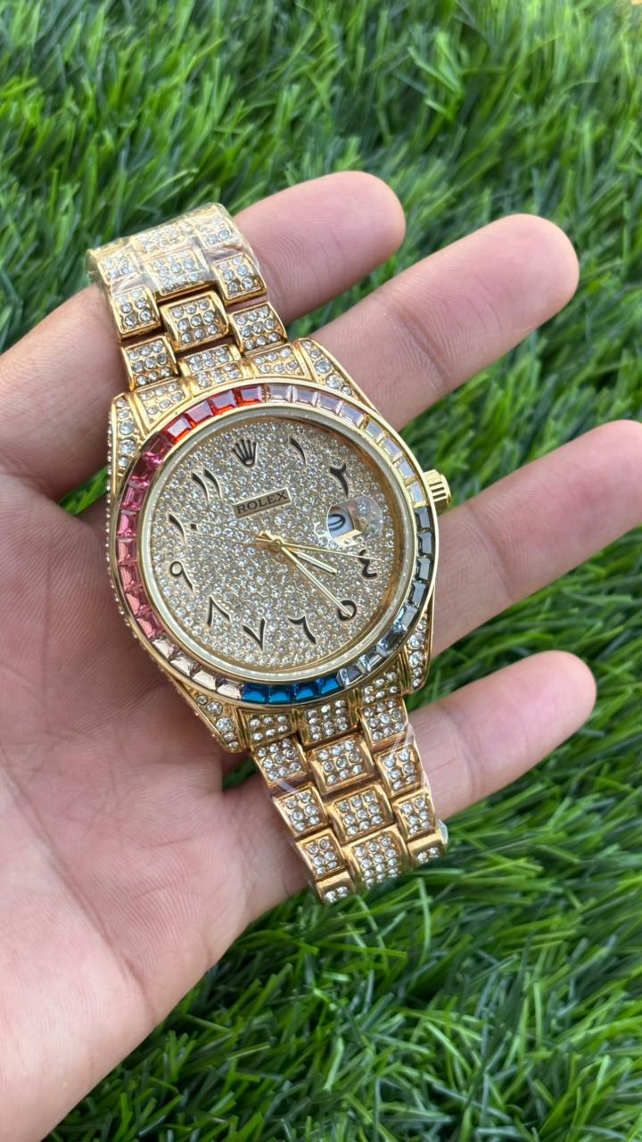 Ro-lex Analog Rainbow Dial Arabic Numerals Full Gold Diamond Men’s Wat ...