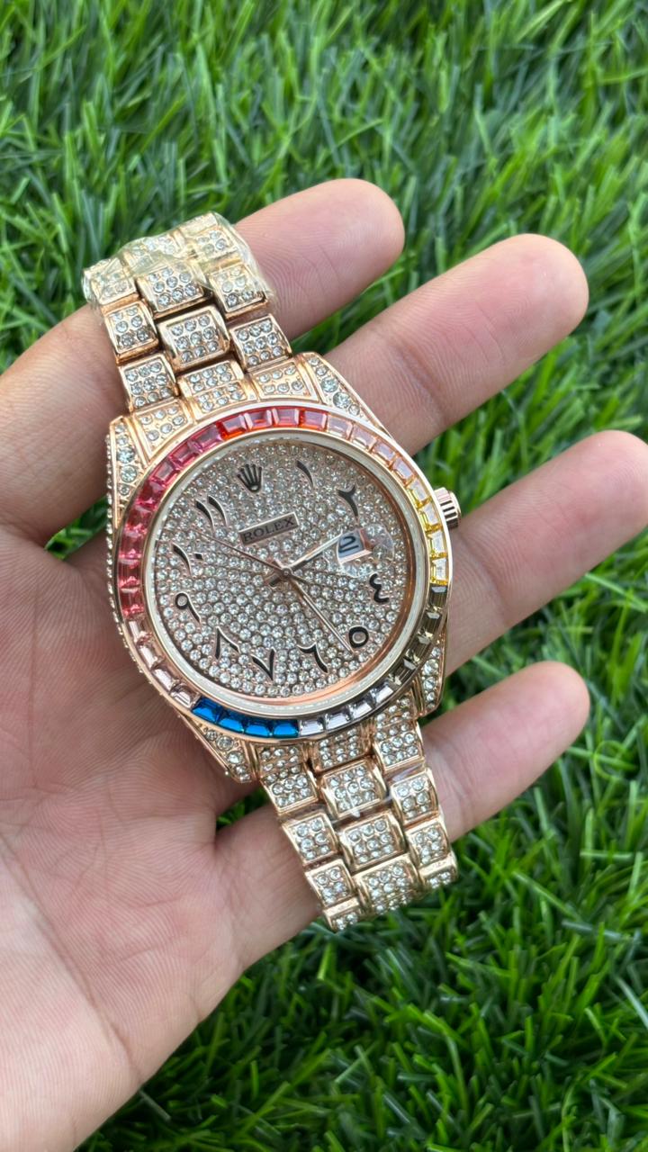 Ro-lex Analog Rainbow Dial Arabic Numerals Full Rose Gold Diamond Men’ – watchworlds.in